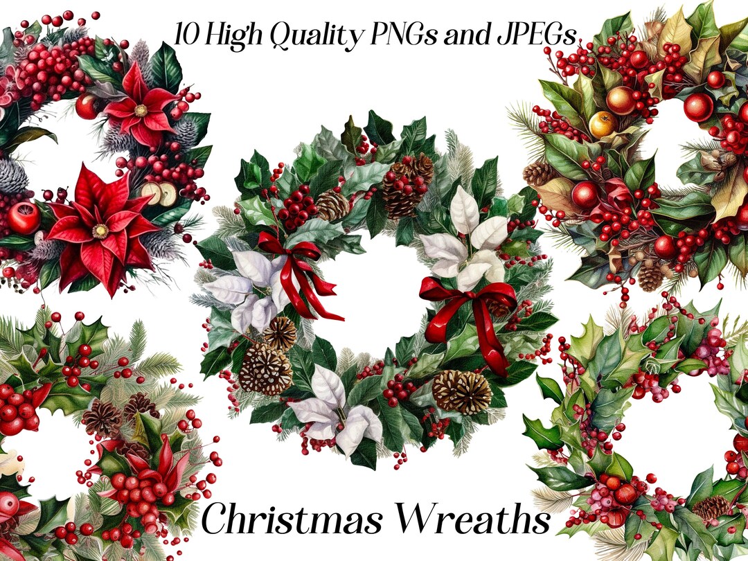 Watercolor Christmas Wreath Clipart: Holiday PNG & JPEG Files (digital ...