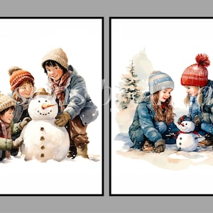 Watercolor Kids Building Snowman Clipart, 10 High Quality JPEG and PNG ...