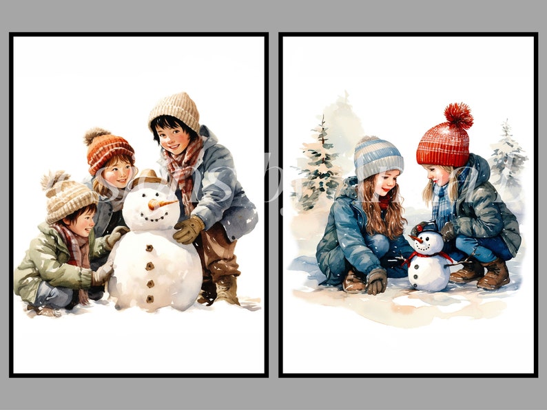 Watercolor Kids Building Snowman Clipart (JPEG, PNG) - Etsy