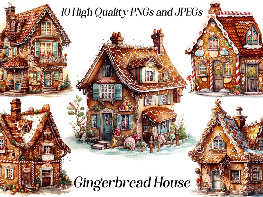 Watercolor Gingerbread House Clipart, 10 High Quality JPEG and PNG ...