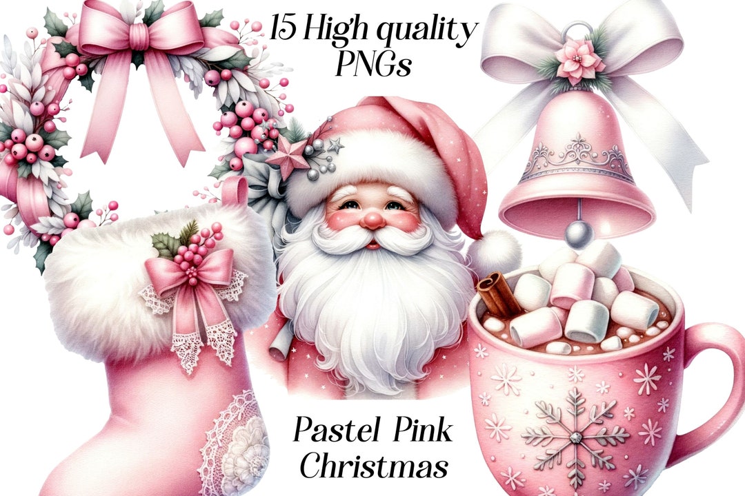 Watercolor Pastel Pink Christmas Clipart: 15 PNG Graphics (digital ...