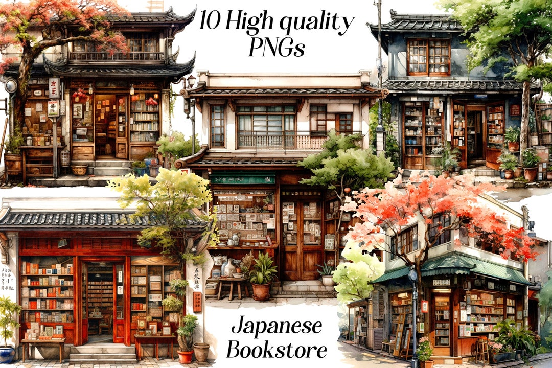 Watercolor Japanese Book Store Clipart, 10 High Quality PNG Files, Book ...