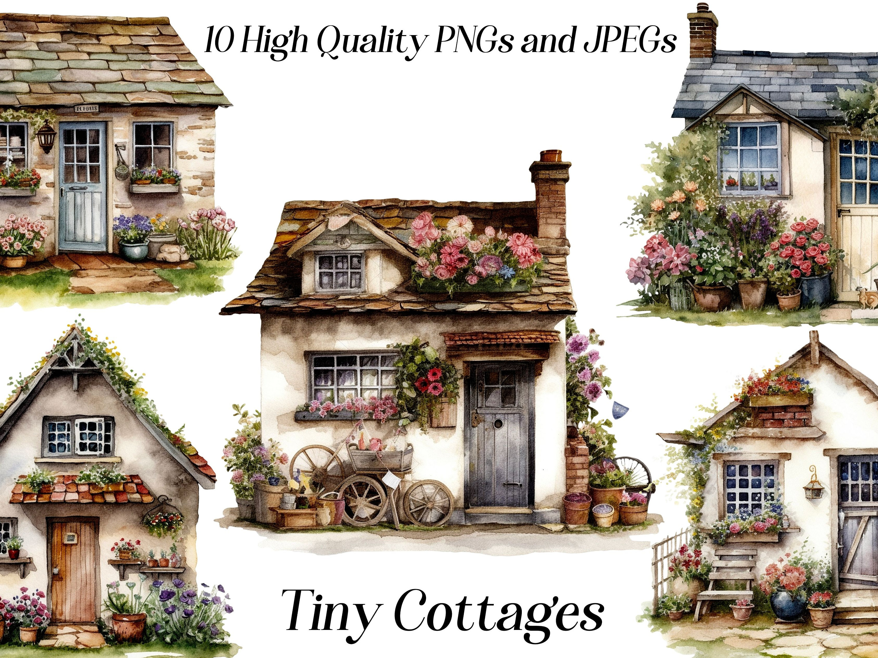 Watercolor Tiny Cottage Clipart 10 High Quality JPEG and PNG - Etsy