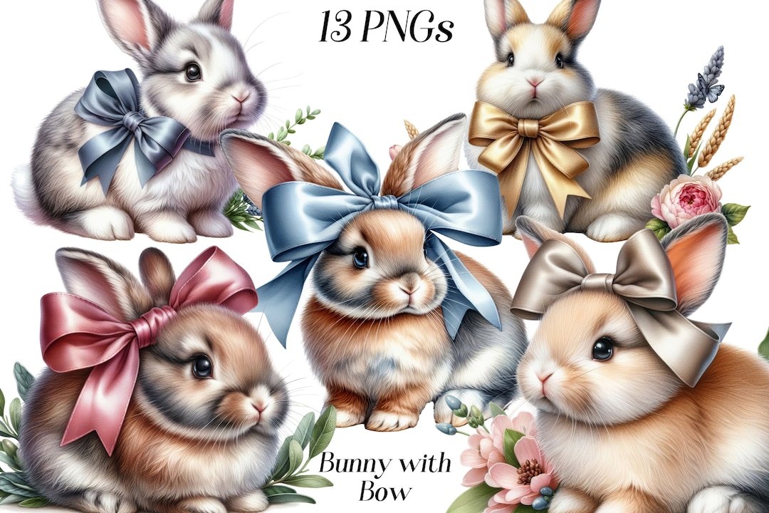 Watercolor Bunny With Bow Clipart, 13 PNG Files, Cute Rabbit, Baby ...