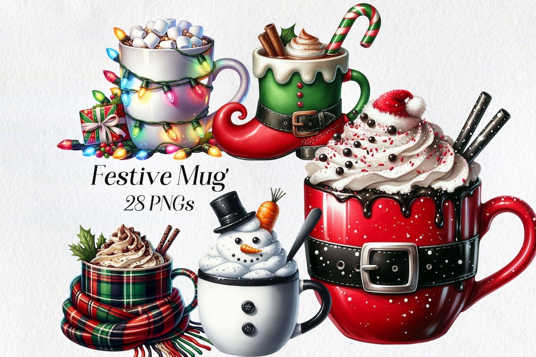 Festive Mug Watercolor Clipart: Christmas Holiday Cocoa (digital ...