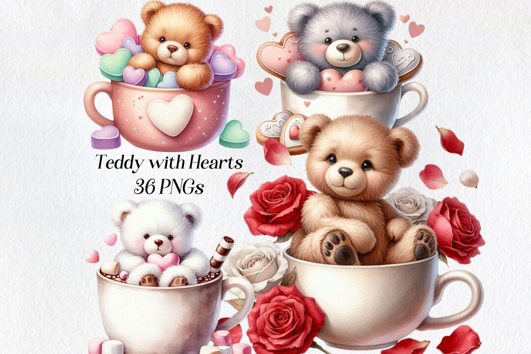 Watercolor Teddy Bear Clipart: Valentine's Day Pngs (digital Download ...