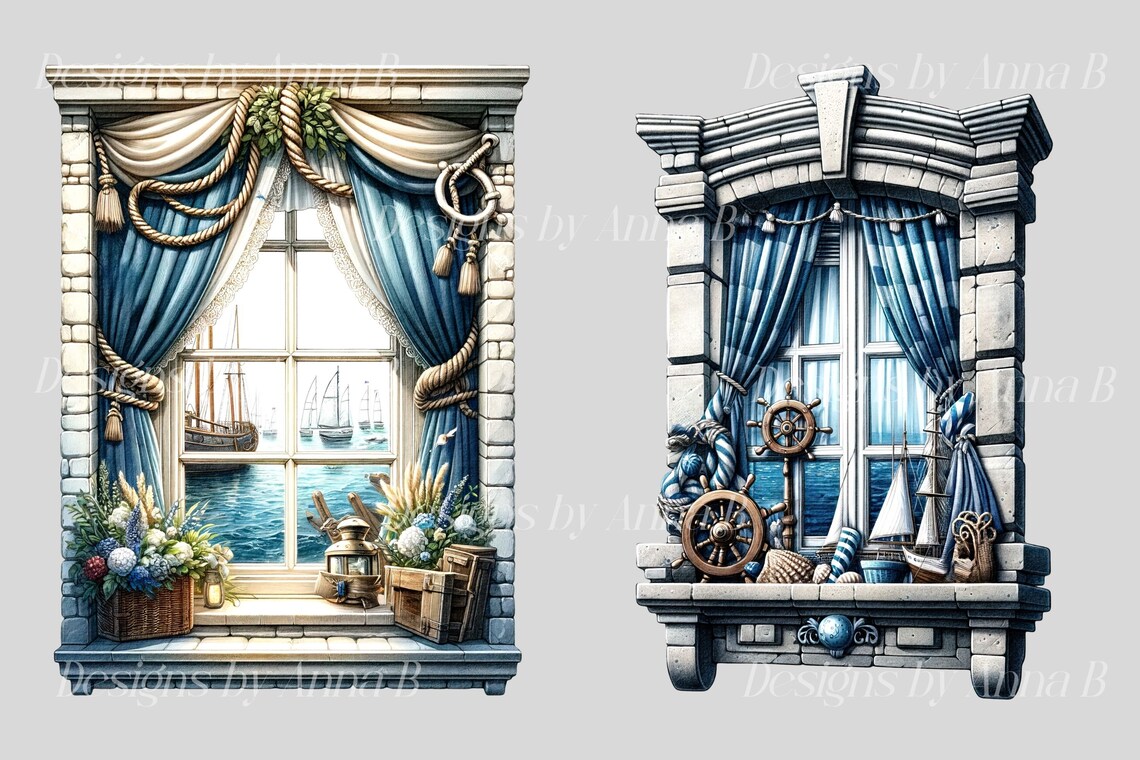 Watercolor Nautical Window Clipart: Ocean View PNG Graphics (digital ...