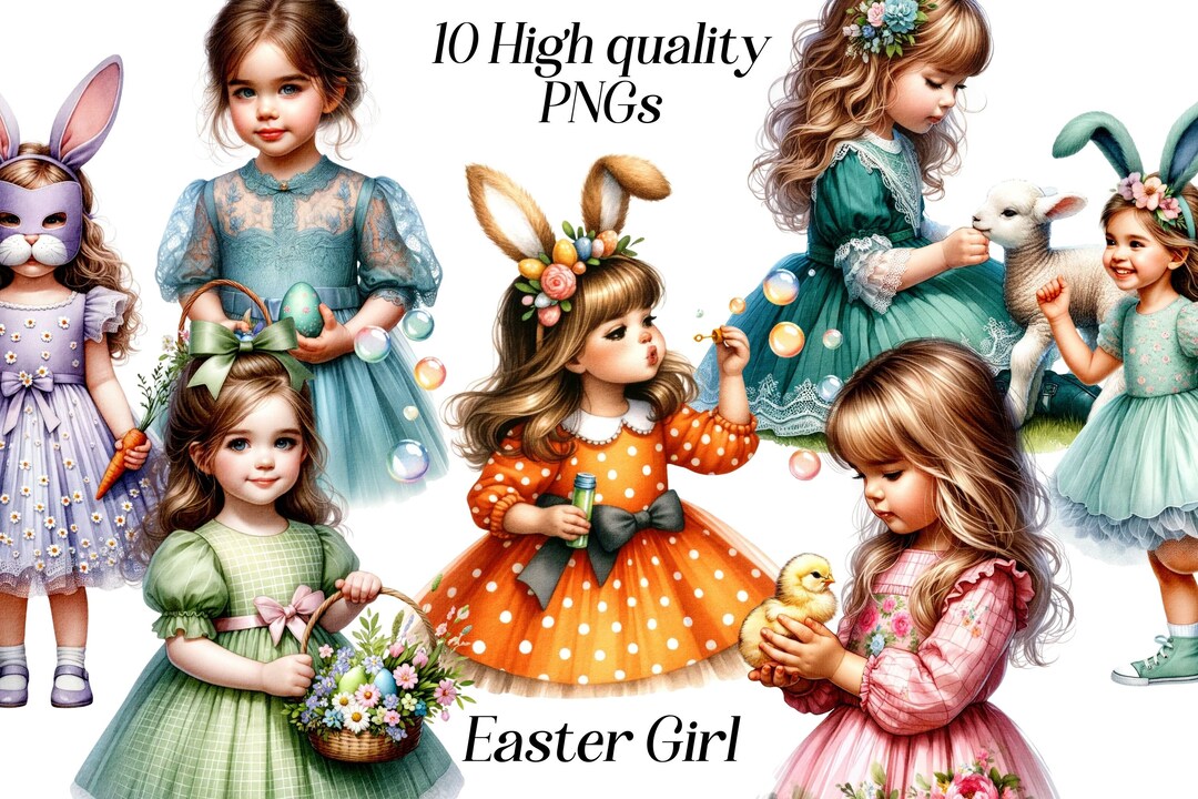 Watercolor Easter Girl Clipart, 10 High Quality PNG Files, Easter ...