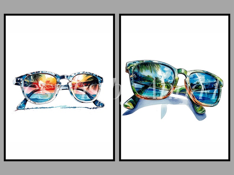 Watercolor Beach Sunglasses Clipart: Summer Vacation Graphics (digital ...