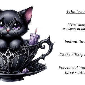 Watercolor Gothic Kitten Clipart: Witchy Black Cat PNG Files (12) - Etsy UK