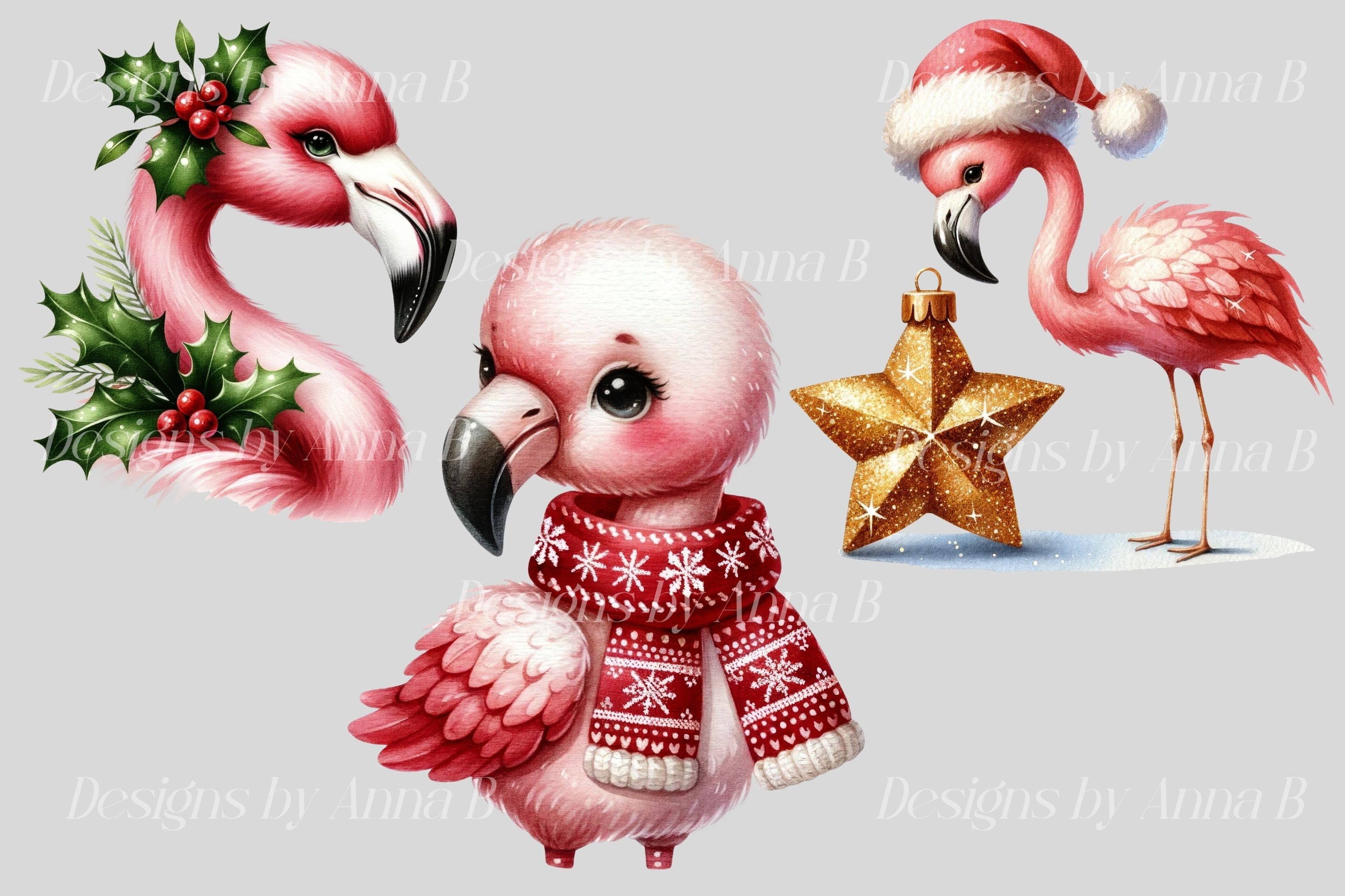 Watercolor Christmas Flamingo Clipart: 18 PNG Graphics (digital ...