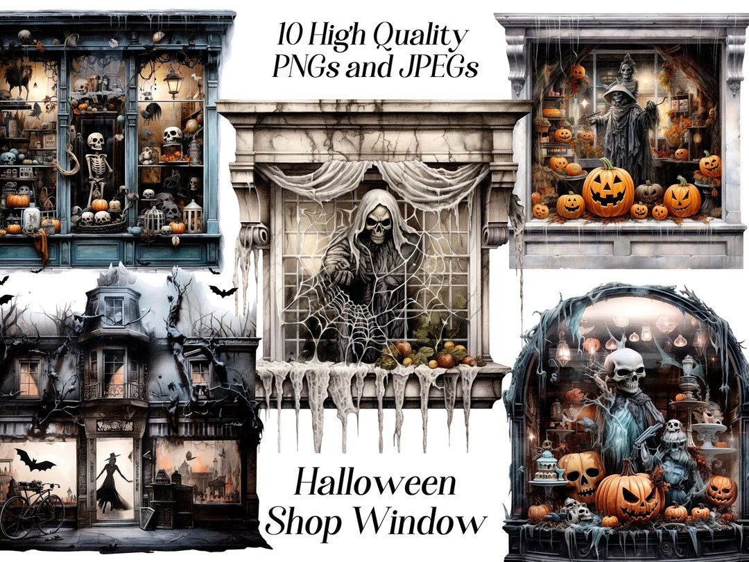 Watercolor Halloween Shop Window Clipart: Spooky Storefront (JPEG, PNG ...