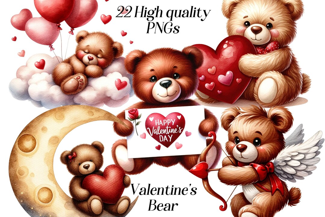 Watercolor Valentine Bear Clipart, 22 High Quality PNG Files, Valentine ...