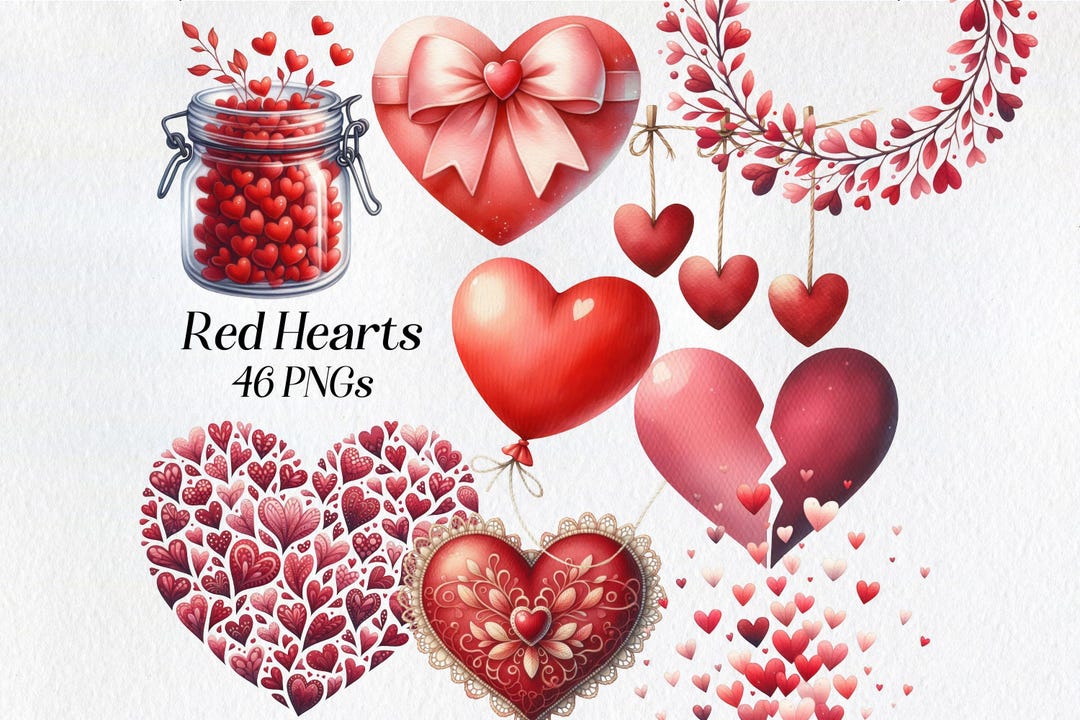 Red Hearts Clipart, Watercolor Heart Clip Art, Png, Love, Valentine ...