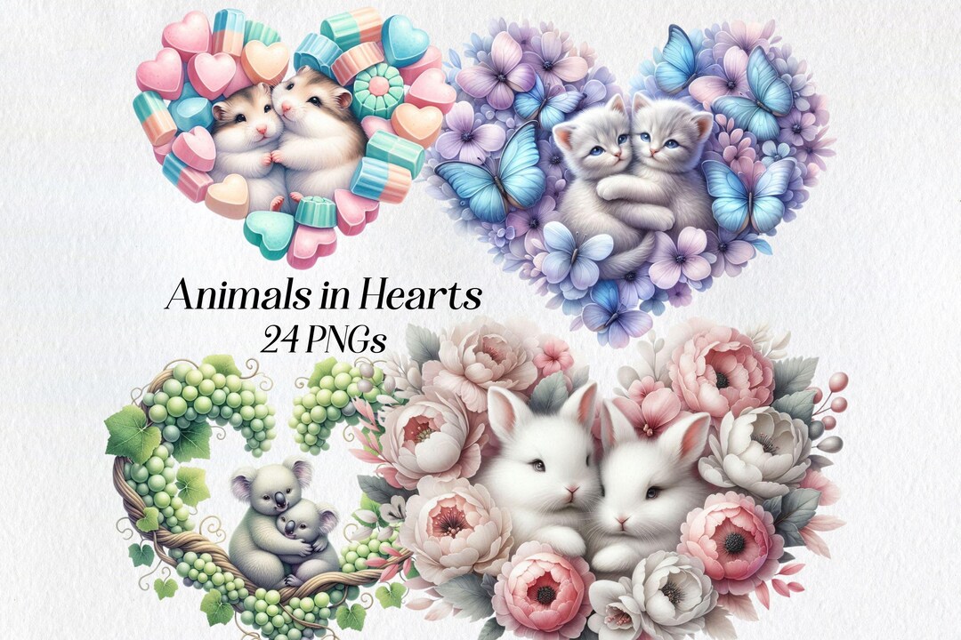 Animals and Hearts Clipart, Watercolor Valentine Animals Clip Art, Png ...