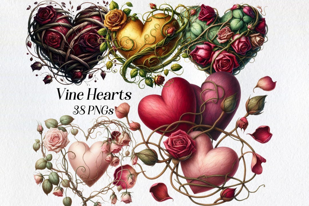 Vine Hearts Clipart, Watercolor Botanical Heart Clip Art, Png, Love ...