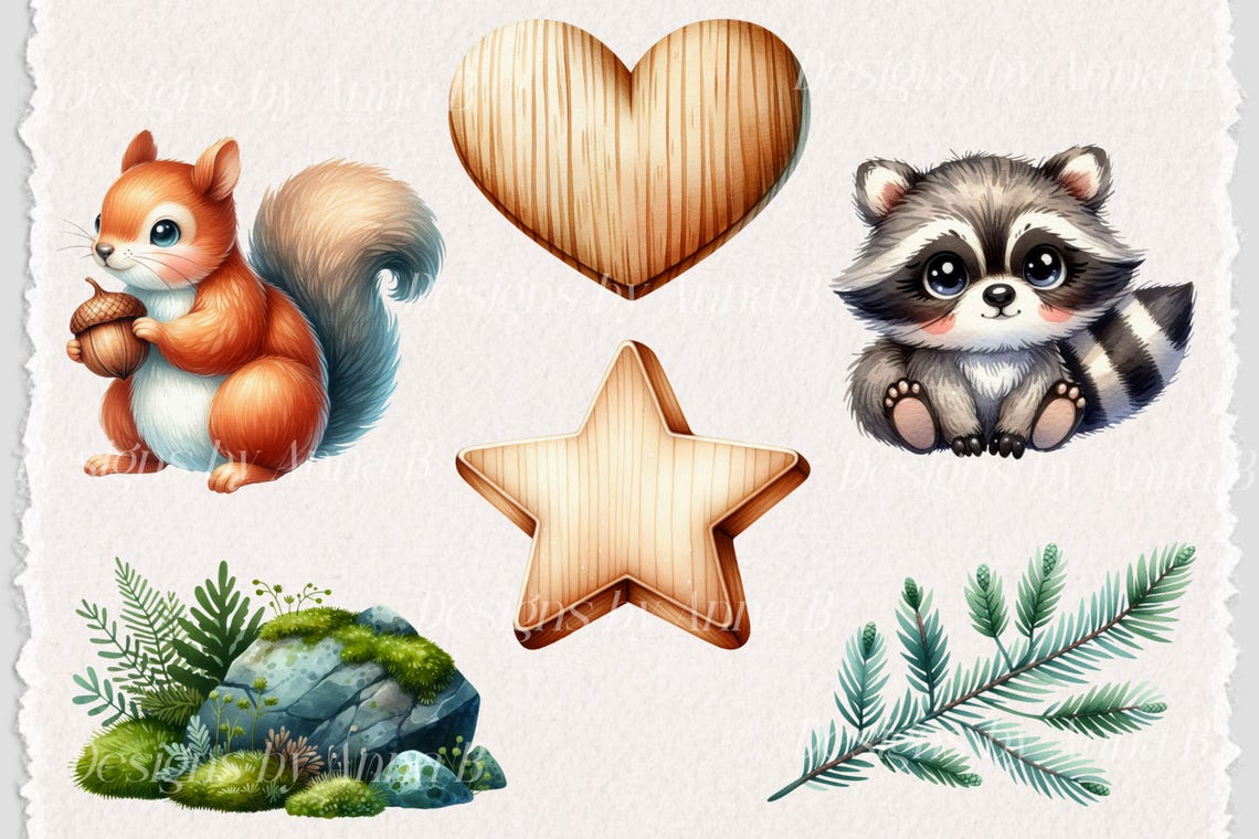 Forest Friends Clipart Set - Cute Woodland Animals and Nature Scenery ...