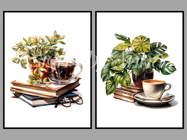 Watercolor Books and Coffee Clipart: JPEG & PNG Files (digital Download ...
