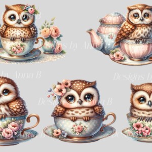 Watercolor Owl and Teacup Clipart, 15 PNG Files, Cute Owl, Vintage Teacup, Woodland Animals ...