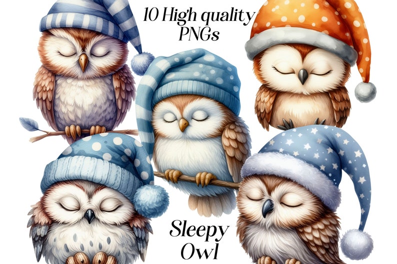 Watercolor Sleepy Owl Clipart: Nursery Art, PNG Files (digital Download ...