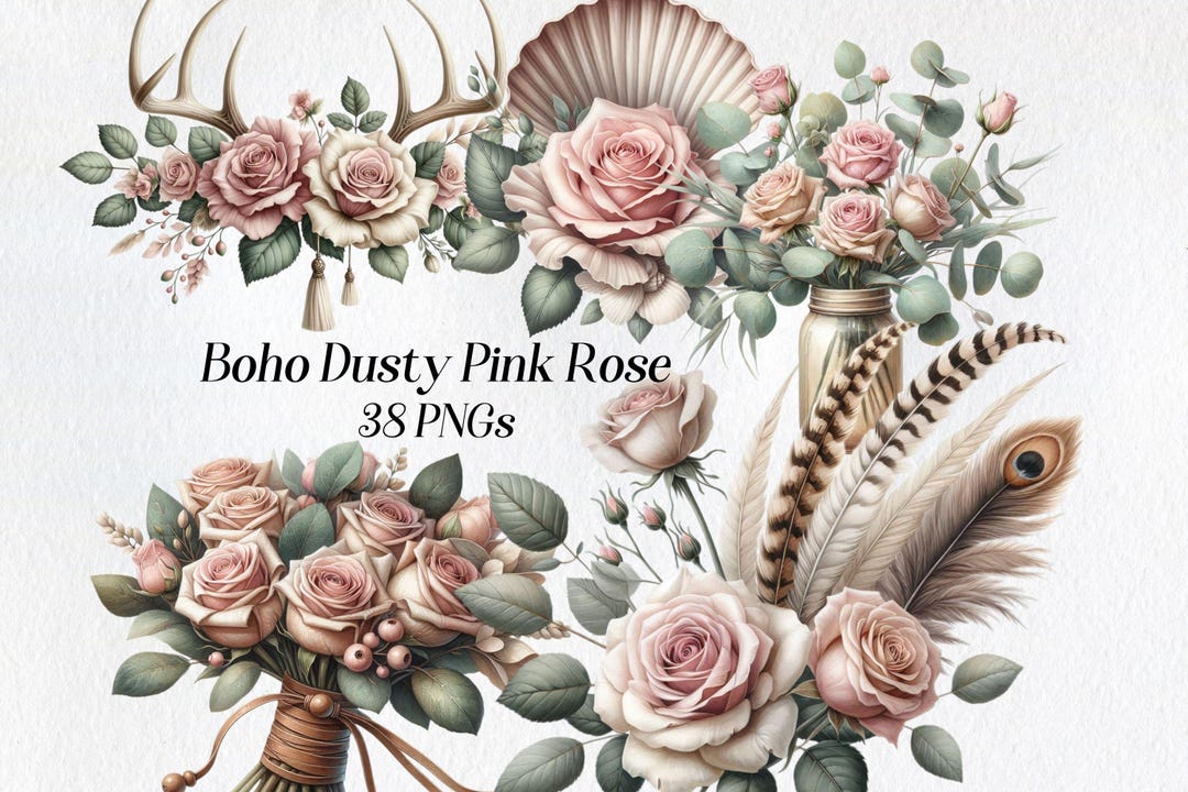 Boho Flowers Clipart, Watercolor Roses Clip Art, Png, Dusty Pink Roses ...