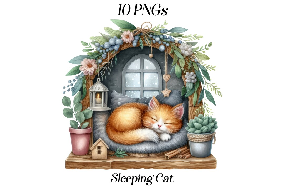 Watercolor Sleeping Cat Clipart, 10 High Quality PNG Files, Cute Cat ...