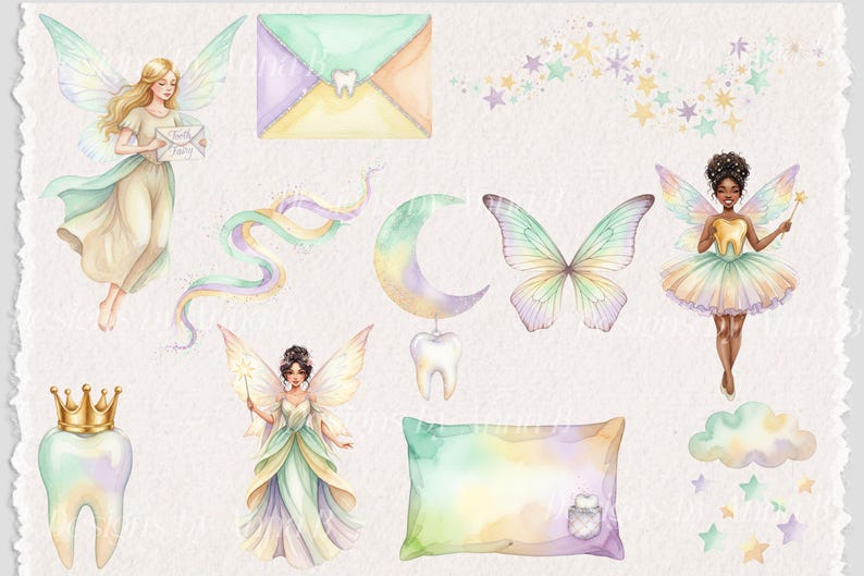 Tooth Fairy Clipart: Pastel Watercolor Fairies PNG Bundle (digital ...
