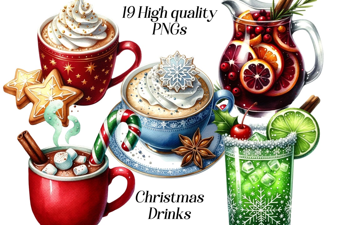 Watercolor Christmas Drinks Clipart, 19 High Quality PNG Files, Festive ...