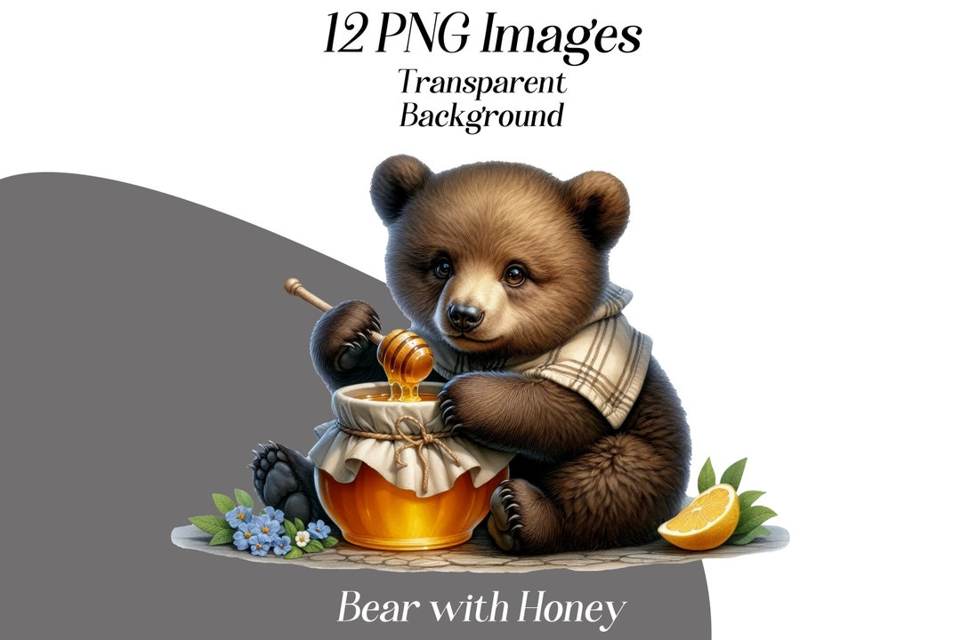 Bear With Honey Clipart, 12 PNG Files, Cute Baby Bear, Bear Cub, Forest ...