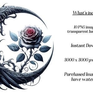 Gothic Crescent Clipart: Watercolor Moon & Red Roses (PNG Digital ...