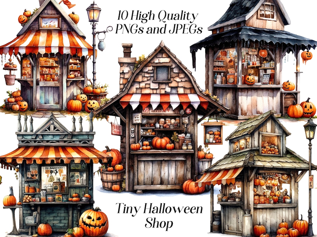 Watercolor Halloween Shop Clipart, 10 High Quality JPEG and PNG Files ...