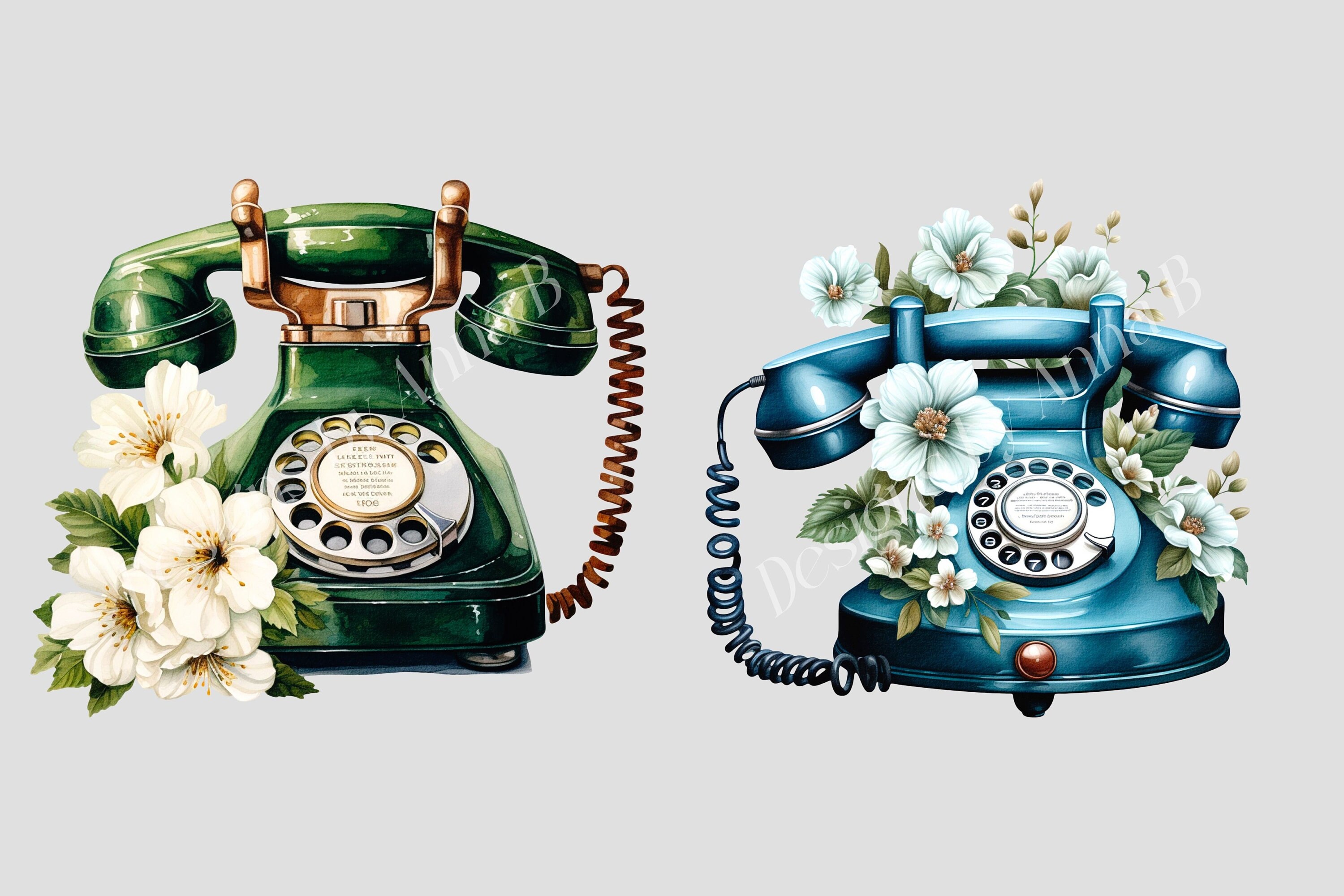 Watercolor Vintage Telephone Clipart: 10 PNG Files (digital Download ...