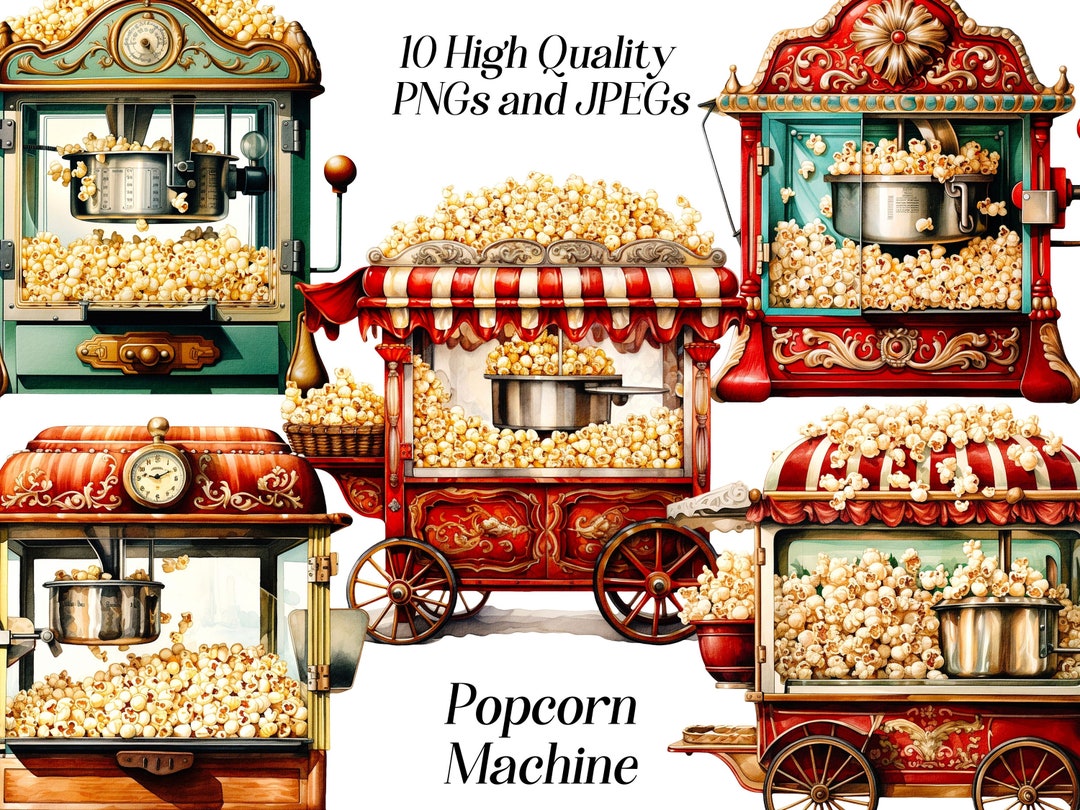 Watercolor Popcorn Machine Clipart, 10 High Quality JPEG and PNG Files ...