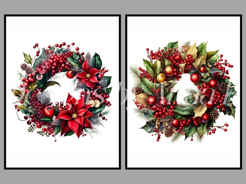 Watercolor Christmas Wreath Clipart: Holiday PNG & JPEG Files (digital ...
