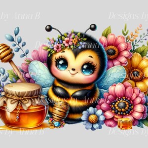 Watercolor Bumblebee Clipart: Honey Pot, Floral PNG Images (digital ...