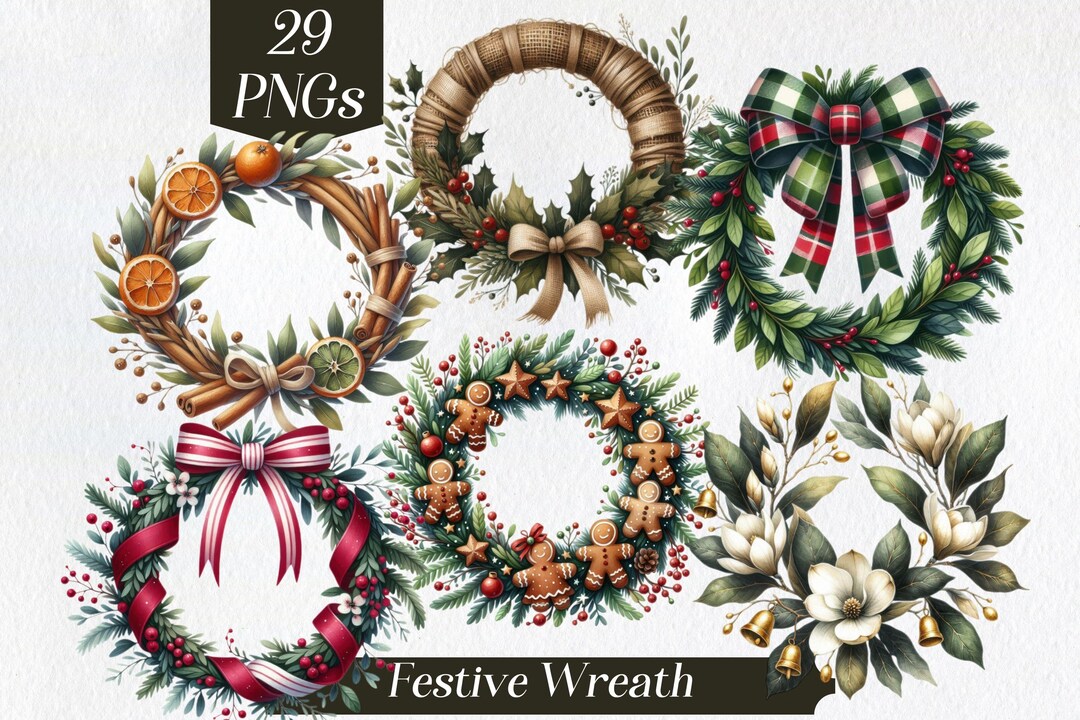 Festive Wreath Clipart, Christmas Wreath Png, Pine Wreath With Bow ...