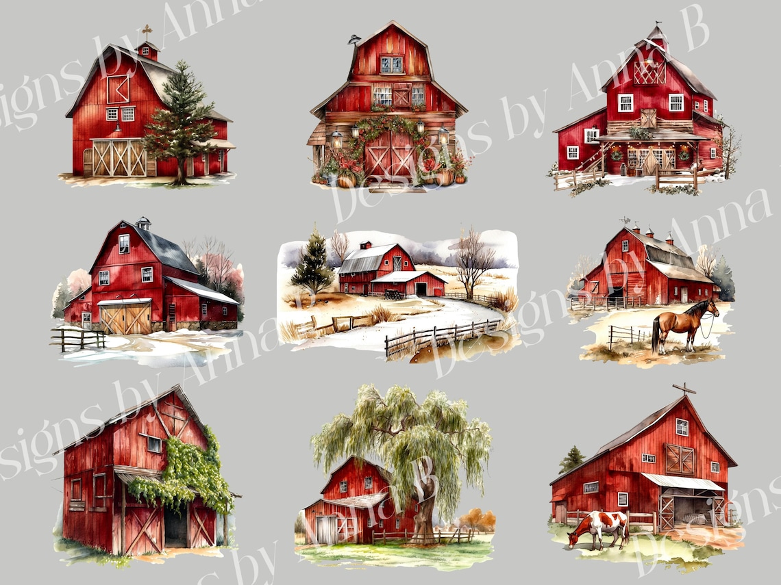 Watercolor Red Barn Clipart: Rural Farmhouse PNG Graphics (35 Files) - Etsy