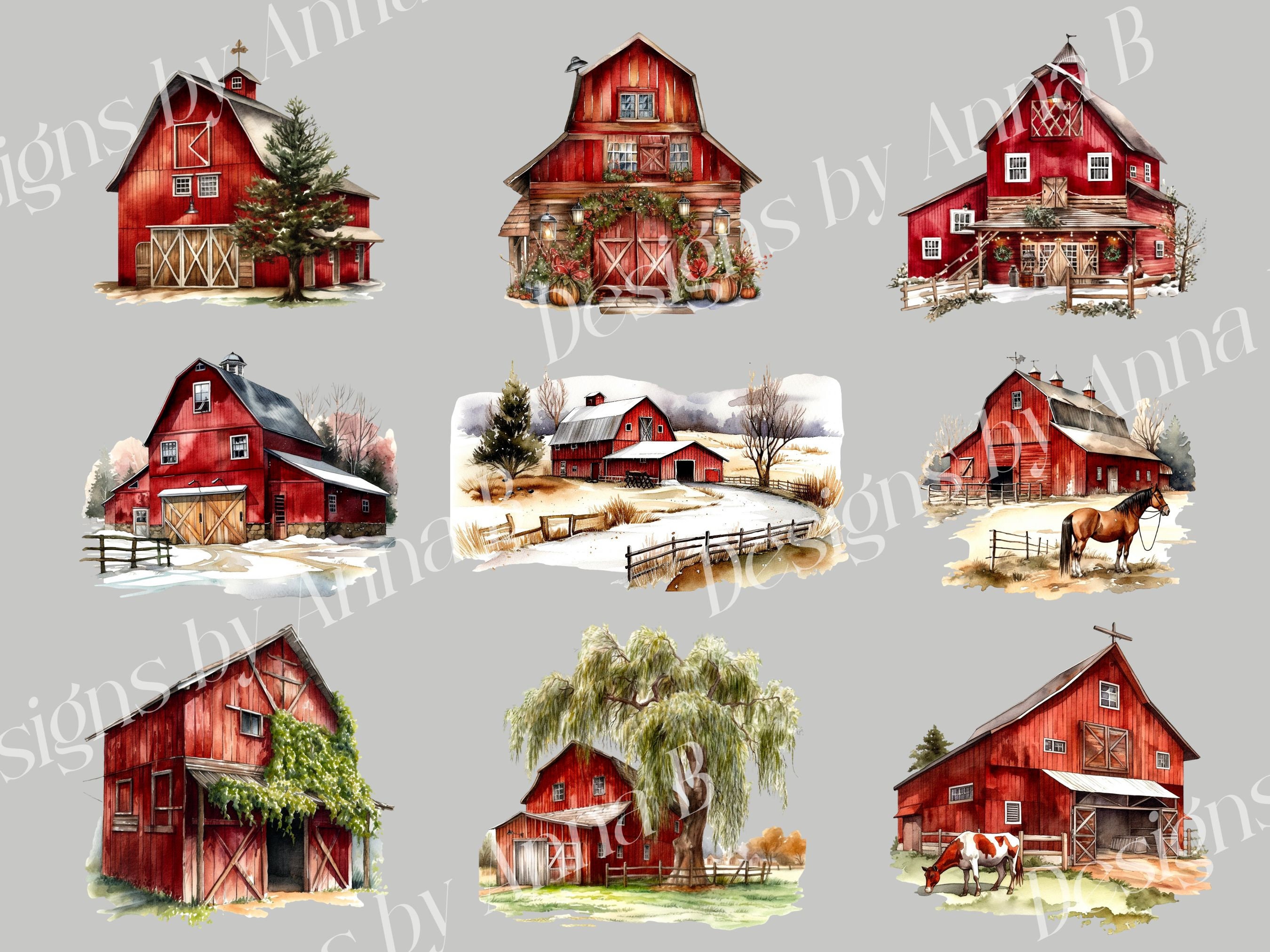Watercolor Red Barn Clipart: Rural Farmhouse PNG Graphics (35 Files) - Etsy