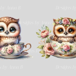 Watercolor Owl and Teacup Clipart, 15 PNG Files, Cute Owl, Vintage Teacup, Woodland Animals ...