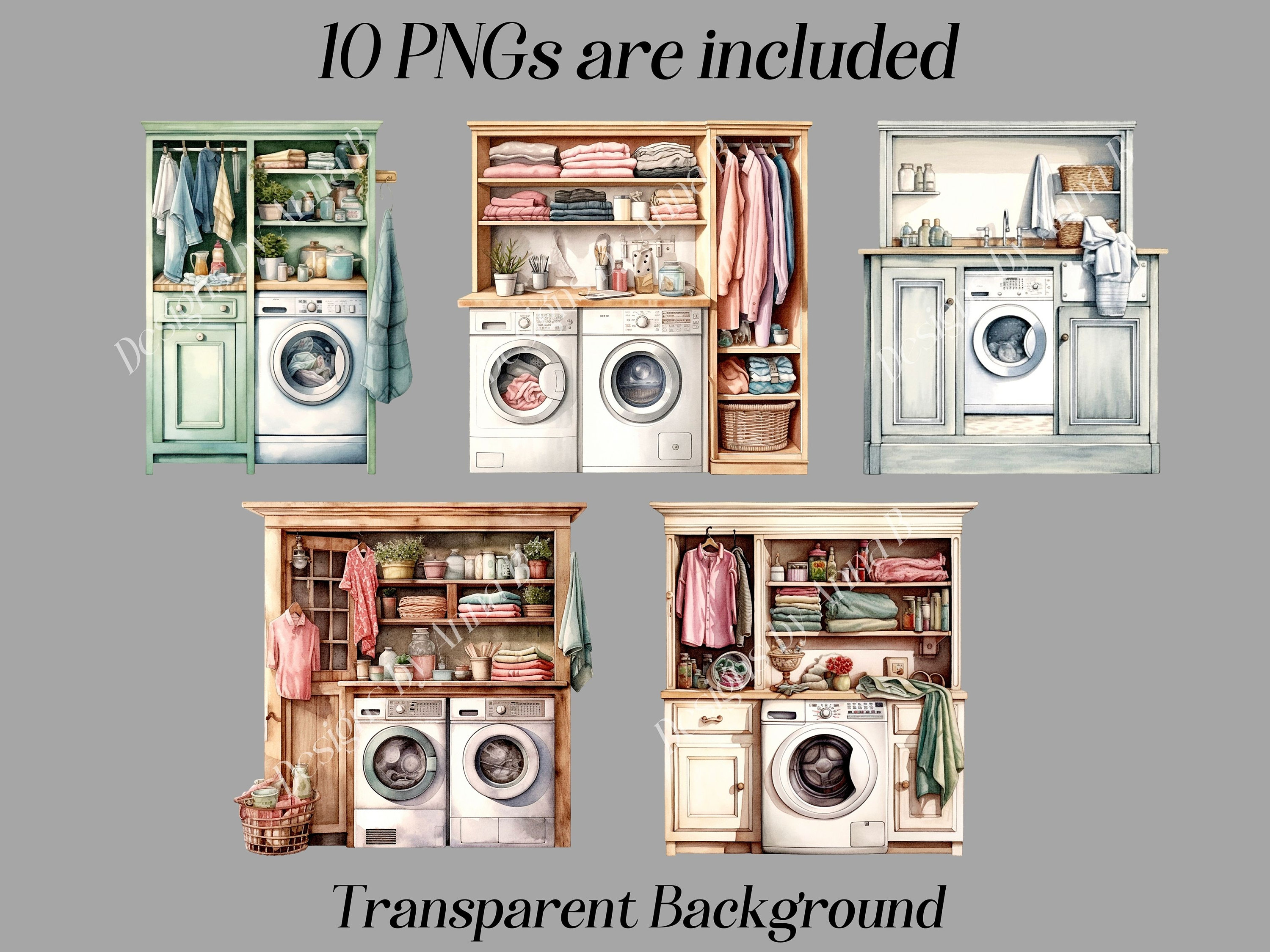 Watercolor Laundry Room Clipart: 10 PNG & JPEG Files (digital Download ...