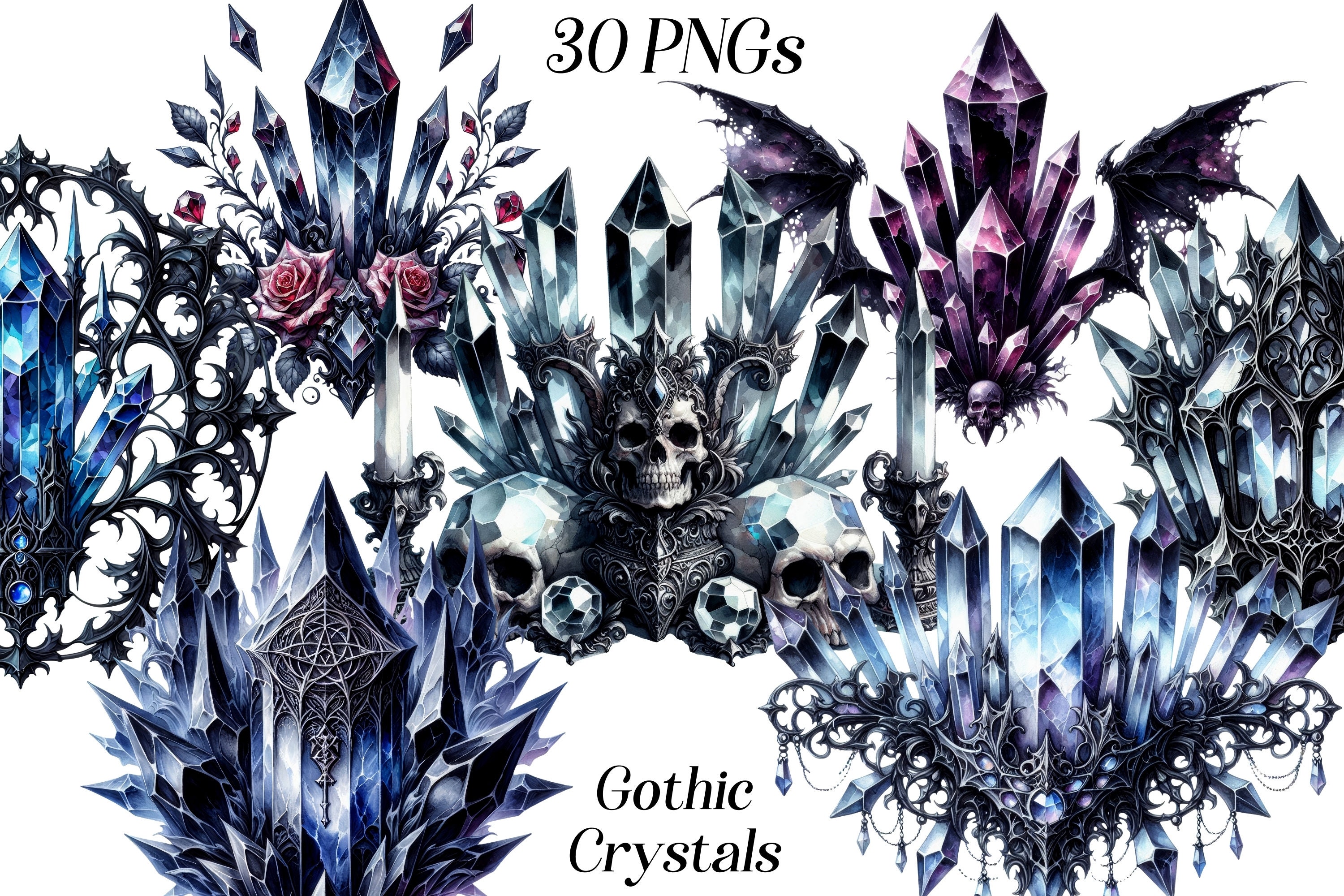 Watercolor Gothic Crystals Clipart: Dark Magic Gems (30 Pngs) (digital ...