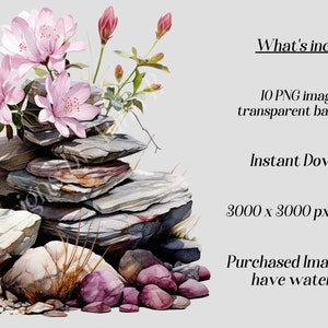 Watercolor Flower and Stones Clipart, 10 High Quality PNG Files, Floral ...