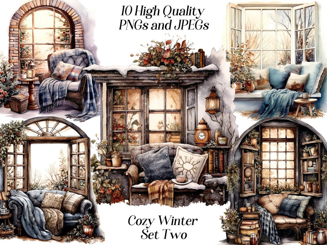 Watercolor Cozy Winter Clipart, 10 High Quality JPEG and PNG Files ...