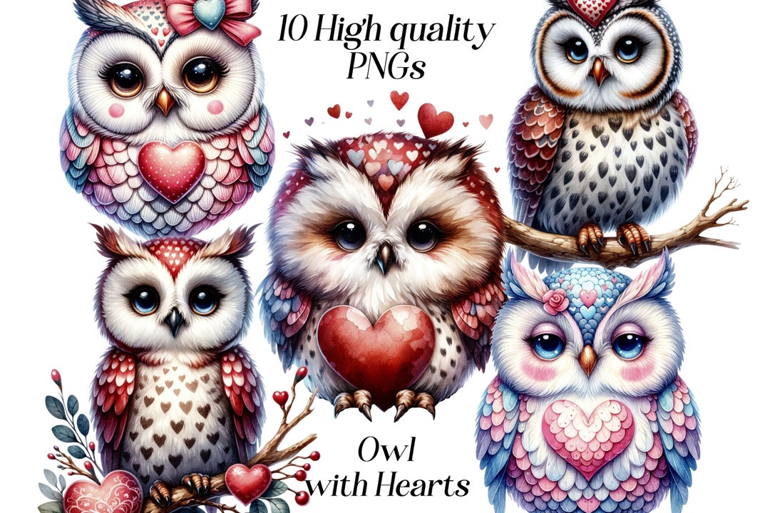 Owl With Hearts Clipart, Valentine Owl Clip Art, Png, Woodland Bird ...