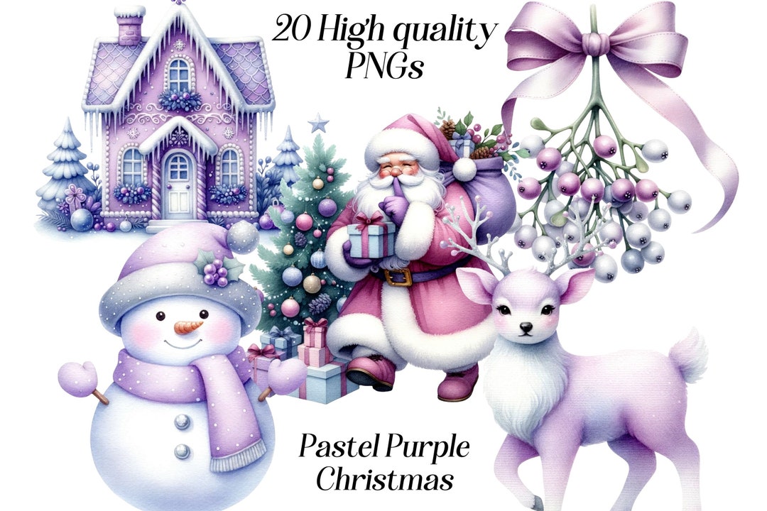 Watercolor Pastel Purple Christmas Clipart, 20 High Quality PNG Files ...