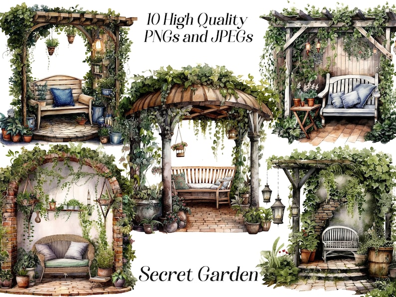Watercolor Secret Garden Clipart: Cottagecore JPEG & PNG (digital ...