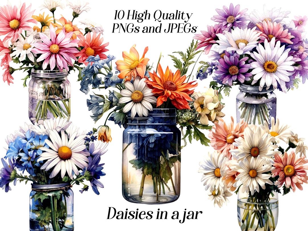 Daisy Bouquet Clipart: Watercolor Floral Jar Illustration (digital ...