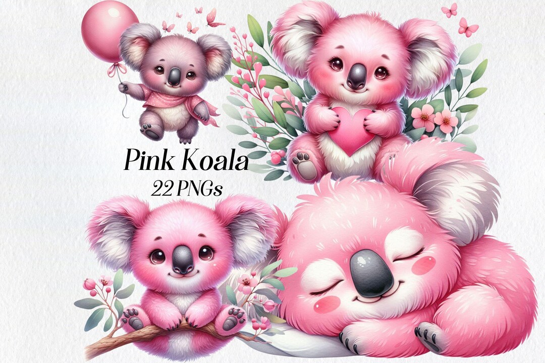 Watercolor Pink Koala Clipart, Nursery Art (PNG Files) - Etsy