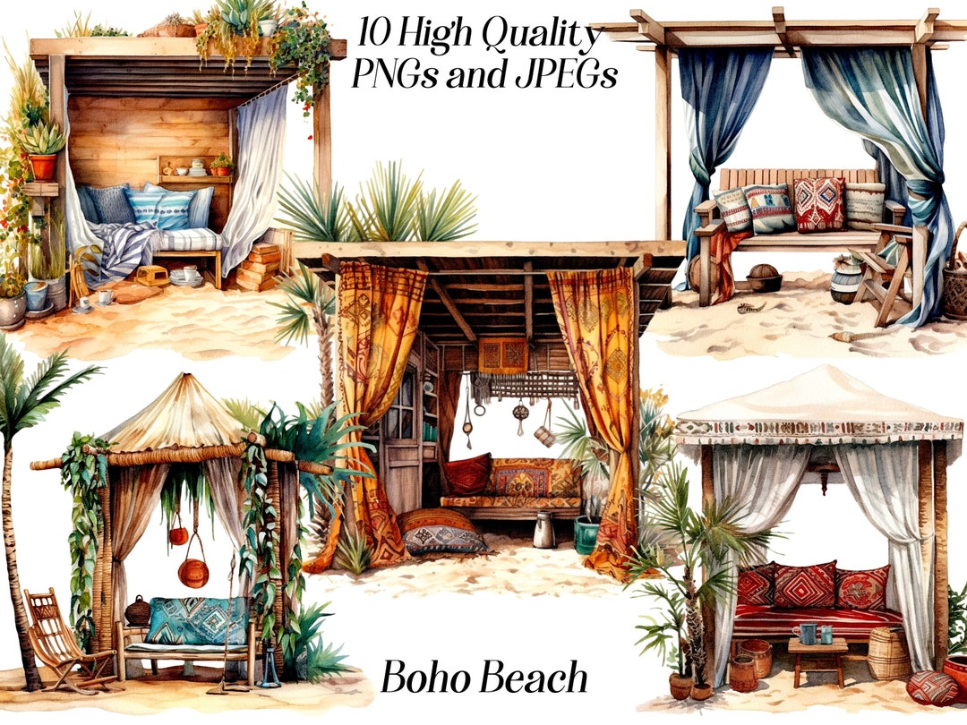 Watercolor Boho Beach Clipart, 10 High Quality JPEG and PNG Files ...