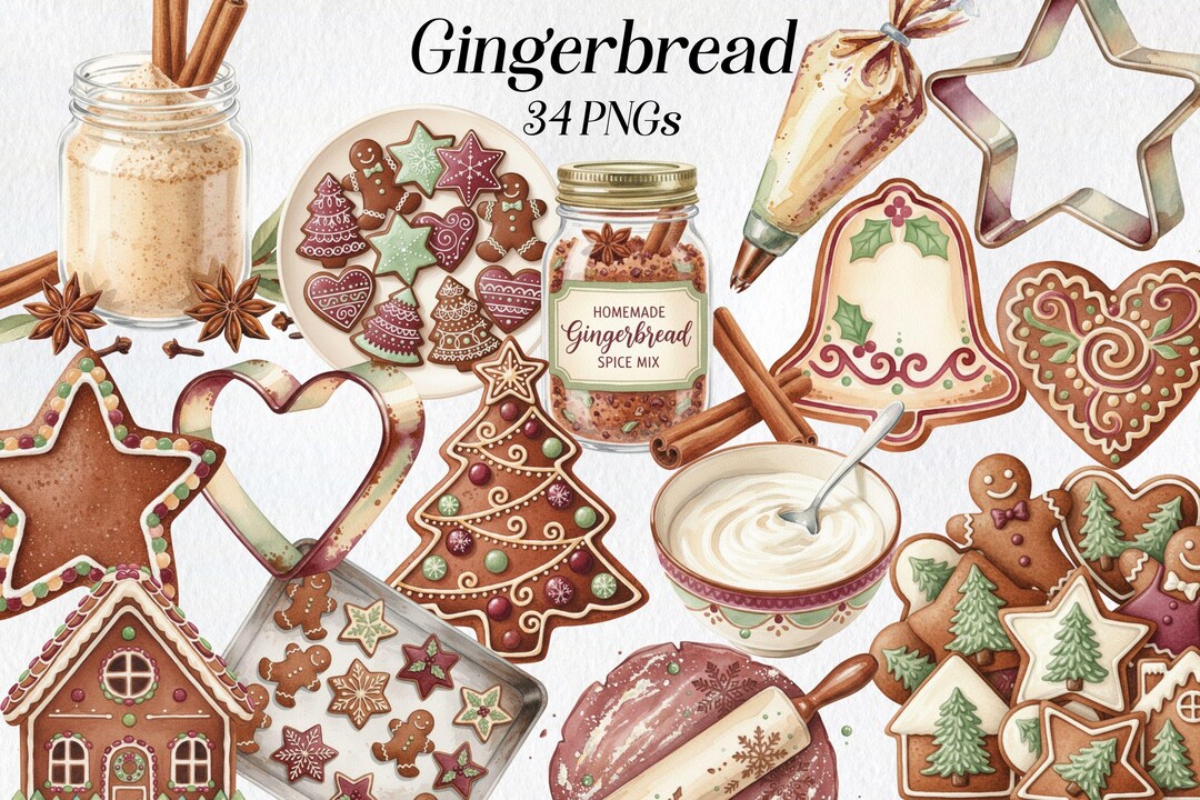 Gingerbread Clipart Set: 34 Festive Christmas Cookie Pngs (digital ...